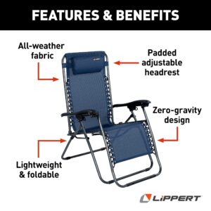 Lippert Stargazer XL Zero-Gravity Chair - Navy — Breathable Mesh Fabric Reclining Chair — Weightless Comfort — Adjustable Headrest — Foldable and Portable Steel Frame — 300 lb. Capacity — 2021000226