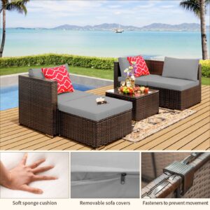 Qsun Outdoor Patio Sofa Set PE Wicker Rattan Sectional Conversation Sofa with a Glass Coffee Table for Backyard Porch Poolside Patio(Brown Rattan, Grey Cushion)