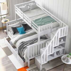 twin over full bunk bed, wood twin over full bunk bed frame with storage drawers and shelves, twin over full size bunk bed frame with guardrails and stairs for kids boys girls teens adults, white