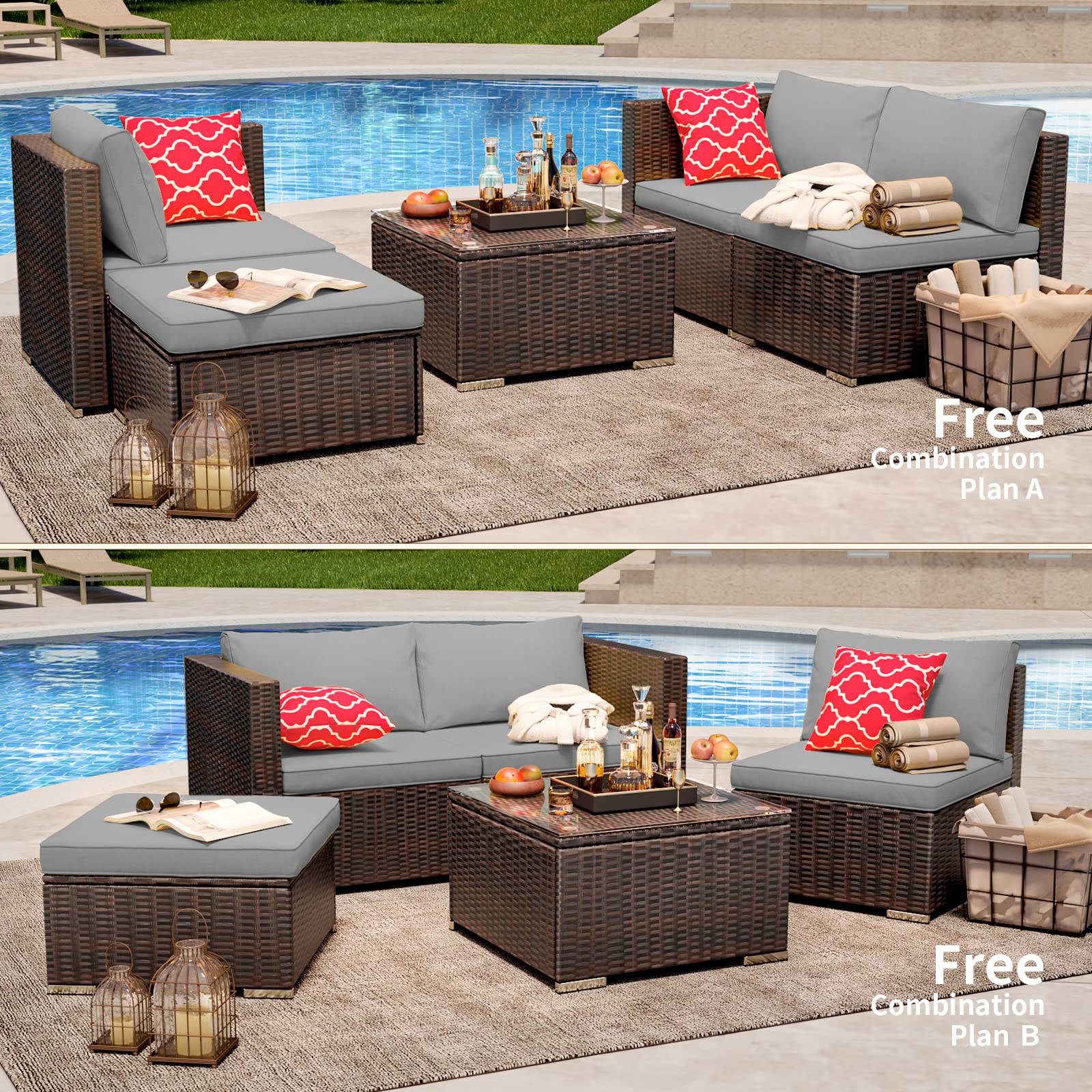 Qsun Outdoor Patio Sofa Set PE Wicker Rattan Sectional Conversation Sofa with a Glass Coffee Table for Backyard Porch Poolside Patio(Brown Rattan, Grey Cushion)