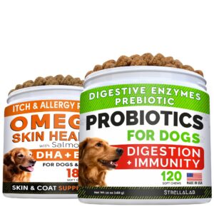 fish oil omega 3 treats for dogs + dog probiotics treats for picky eaters bundle - allergy relief, joint health, itch relief. skin & coat supplement + enzymes + prebiotics for digestion support