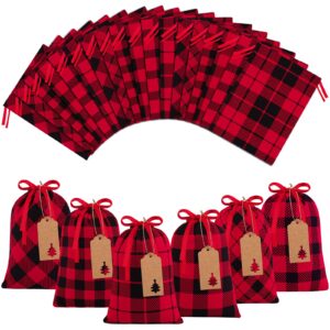 aneco 24 pack mini christmas cotton present gift bags buffalo plaid drawstring gift bags santa's red and black plaid string bags for xmas games party supplies, candies snacks, mini size 7.9 x 5.9 inch