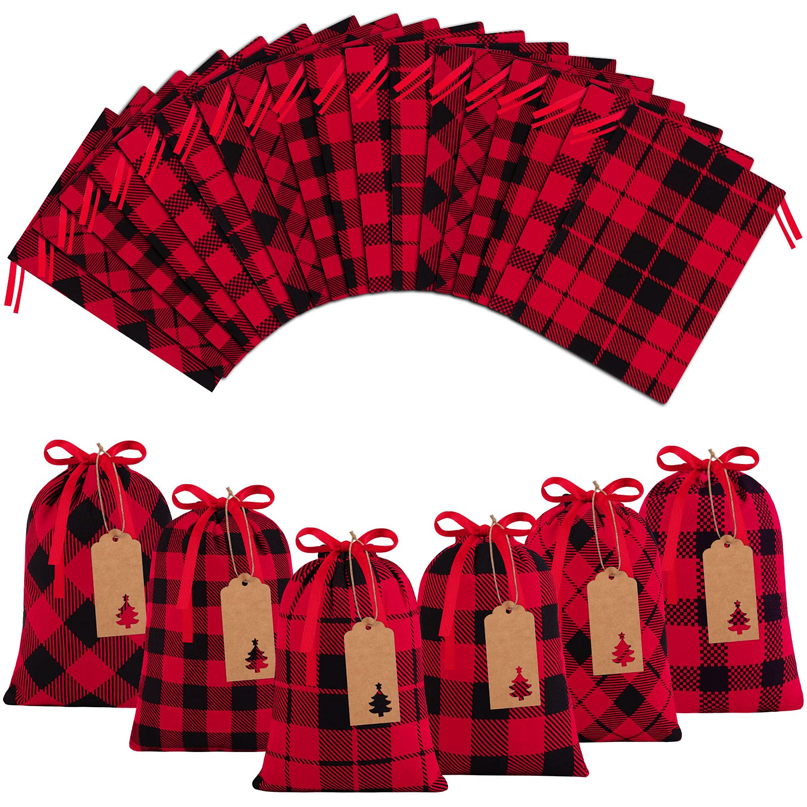 Aneco 24 Pack Mini Christmas Cotton Present Gift Bags Buffalo Plaid Drawstring Gift Bags Santa's Red and Black Plaid String Bags for Xmas Games Party Supplies, Candies Snacks, Mini Size 7.9 x 5.9 Inch