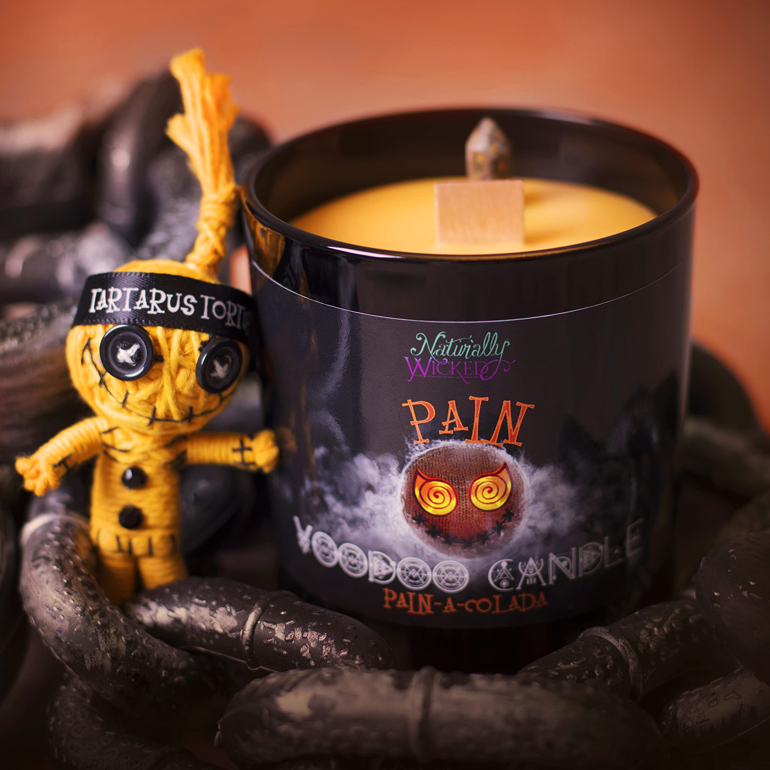 Naturally Wicked Voodoo Pain Candle Set - Inc. Voodoo Doll, Crystal, Wood Wick, Pain-A-Colada Scent & Gift Box