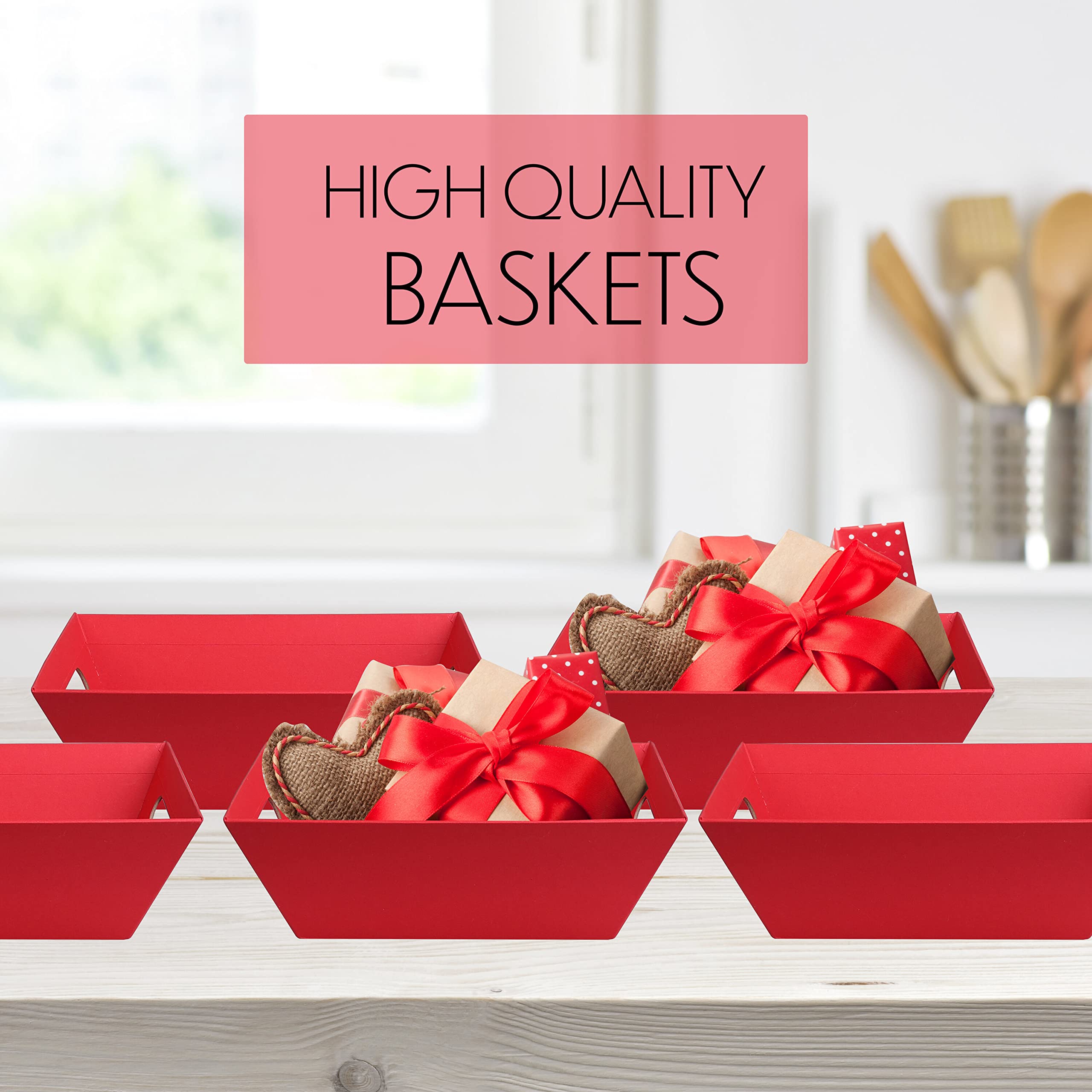 Upper Midland Products [5 Pk] Red Baskets for Gifts Empty| 8x10” Gift Basket Kit with Basket Bags, Red Pull Bows| Wine, DIY Basket Gift Set| Christmas,Valentines,Friendship| Gift to Impress