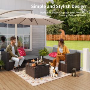 Qsun Outdoor Patio Sofa Set PE Wicker Rattan Sectional Conversation Sofa with a Glass Coffee Table for Backyard Porch Poolside Patio(Brown Rattan, Grey Cushion)