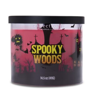 colonial candle spooky woods scented jar candle, haunted collection, red, 3 wick, 14.5 oz