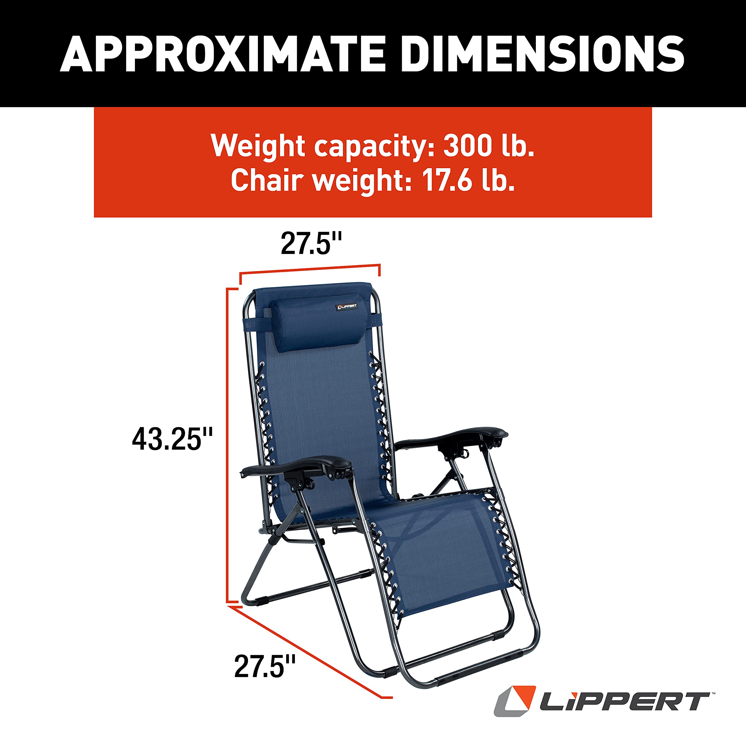 Lippert Stargazer XL Zero-Gravity Chair - Navy — Breathable Mesh Fabric Reclining Chair — Weightless Comfort — Adjustable Headrest — Foldable and Portable Steel Frame — 300 lb. Capacity — 2021000226