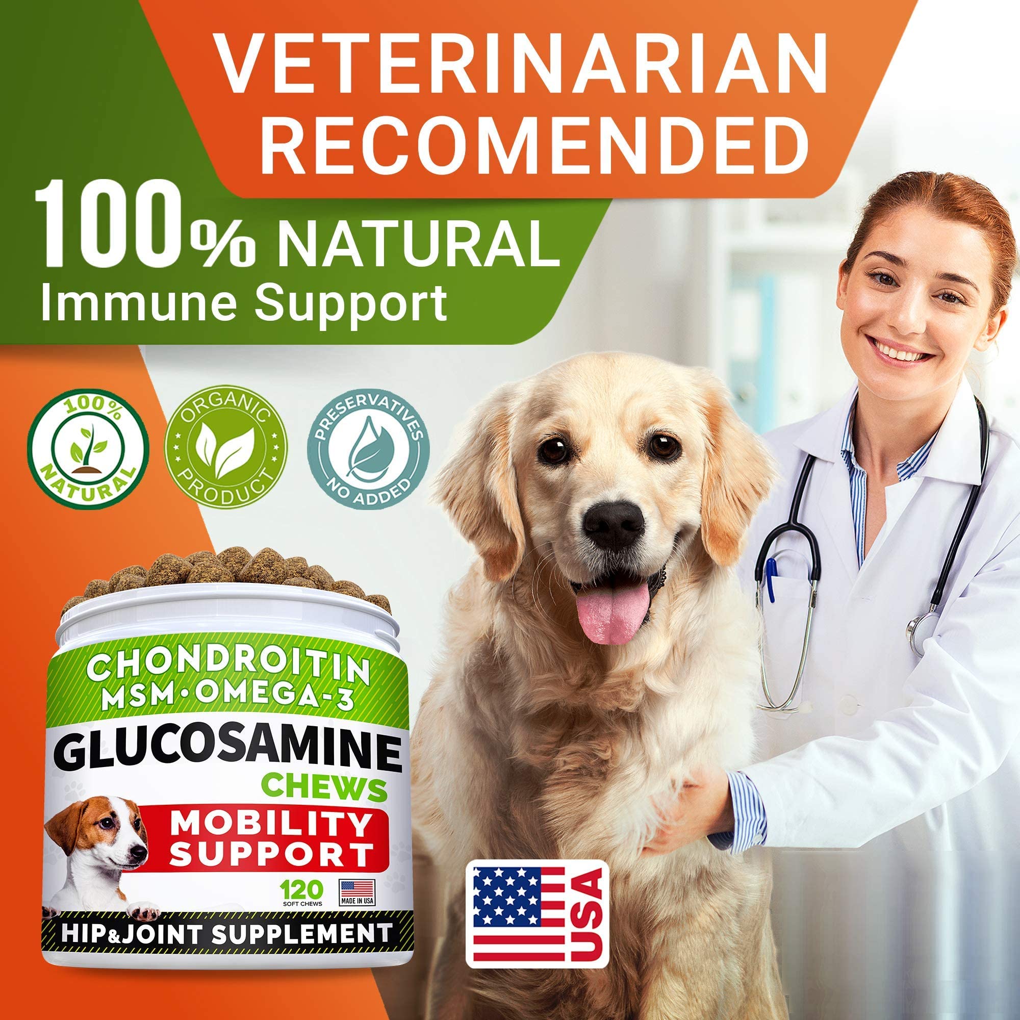 (Pack of 3) Glucosamine Treats for Dogs - Joint Supplement w/Omega-3 Fish Oil - Chondroitin, MSM - Advanced Mobility Chews - Joint Pain Relief - Hip & Joint Care - Chicken Flavor - Made in USA