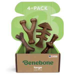 benebone large 4-pack dog chew toys for aggressive chewers, made in usa, 90lbs and under