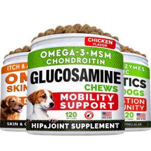 fish oil omega 3 treats + glucosamine treats + dog probiotics treats for picky eaters bundle - skin & coat supplement + hip & joint care + digestion & immunity support