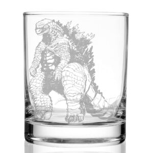 god zilla engraved whiskey glass rocks glass - perfect gift!