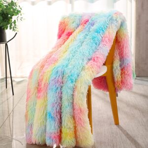 stfly faux fur throw blanket, decorative luxury tie dye rainbow throw blanket for sofa bed couch, shaggy soft and warm blanket cozy plush throws queen size for autumn＆winter, girls