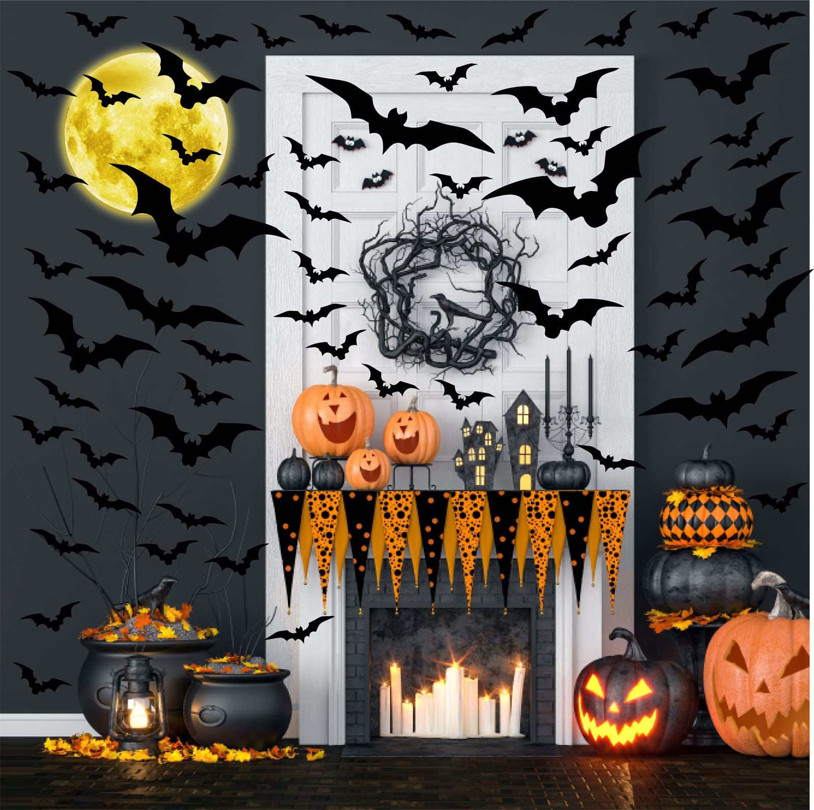 Halloween Moon Wall Decal Halloween Bat Wall Stickers Vinyl Bat Wall Decals Removable Halloween Wall Sticker Halloween Bats Wall Decals Party Decorations