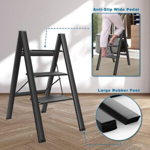 Comft 3 Step Ladder, Aluminum Sturdy Lightweight, Widened Pedal, Non-Slip Foot Pad, Multi-Functional Foldable Space Saving for Home and Kitchen (330LB) (Black)