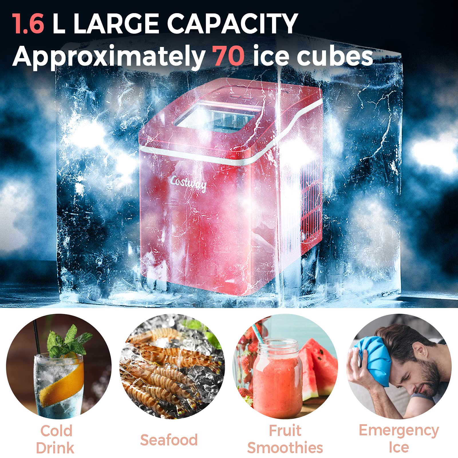 MAT Expert Countertop Nugget Ice Maker, 26LBS/24H, 9 Cubes in 8 Min, Bullet-Shaped Ice Makers, 1.6L Water Tank & 1.6L Bucket, Scoop, Self-Clean Compact Tabletop Ice Maker for Home/Bar/Office (Red)