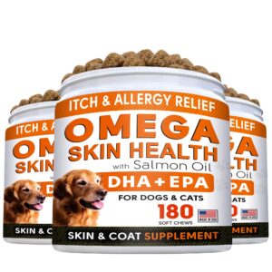 (pack of 3) fish oil omega 3 treats for dogs - allergy relief - joint health - itch relief, shedding - skin and coat supplement - alaskan salmon oil chews - omega 3 6 9 - epa & dha fatty acids