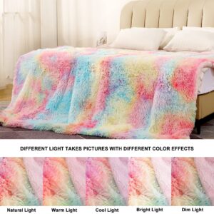 STFLY Faux Fur Throw Blanket, Decorative Luxury Tie Dye Rainbow Throw Blanket for Sofa Bed Couch, Shaggy Soft and Warm Blanket Cozy Plush Throws Queen Size for Autumn＆Winter, Girls