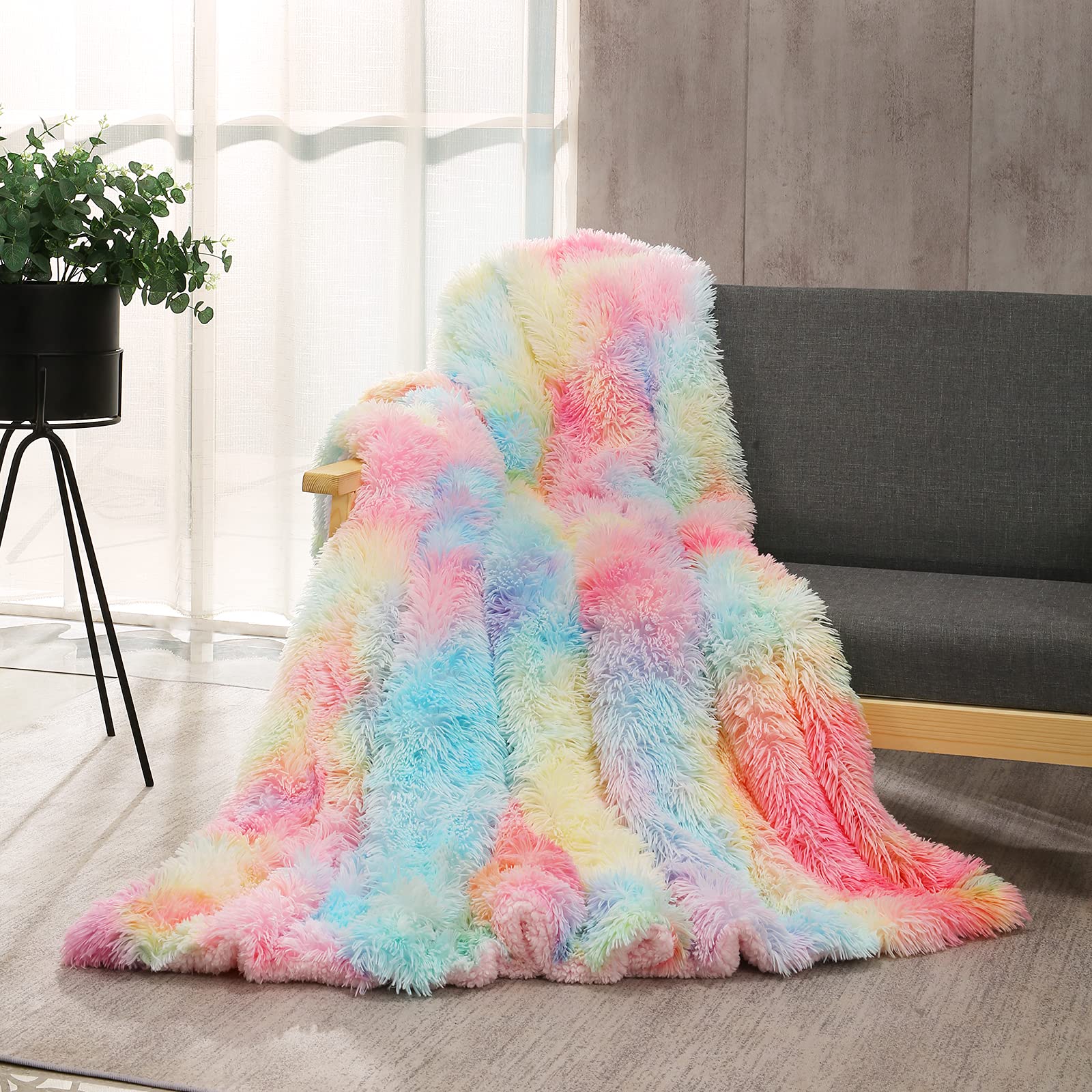 STFLY Faux Fur Throw Blanket, Decorative Luxury Tie Dye Rainbow Throw Blanket for Sofa Bed Couch, Shaggy Soft and Warm Blanket Cozy Plush Throws Queen Size for Autumn＆Winter, Girls