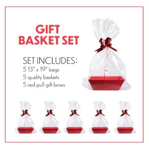 Upper Midland Products [5 Pk] Red Baskets for Gifts Empty| 8x10” Gift Basket Kit with Basket Bags, Red Pull Bows| Wine, DIY Basket Gift Set| Christmas,Valentines,Friendship| Gift to Impress