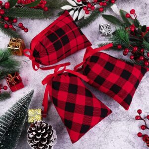 Aneco 24 Pack Mini Christmas Cotton Present Gift Bags Buffalo Plaid Drawstring Gift Bags Santa's Red and Black Plaid String Bags for Xmas Games Party Supplies, Candies Snacks, Mini Size 7.9 x 5.9 Inch