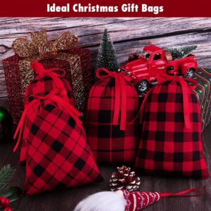 Aneco 24 Pack Mini Christmas Cotton Present Gift Bags Buffalo Plaid Drawstring Gift Bags Santa's Red and Black Plaid String Bags for Xmas Games Party Supplies, Candies Snacks, Mini Size 7.9 x 5.9 Inch