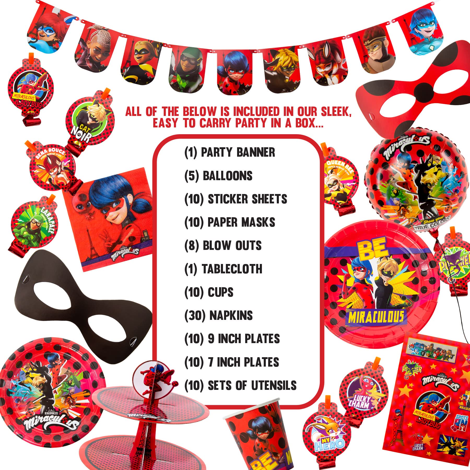 Miraculous Ladybug Party in a Box Kit - Celebration, Birthday Party, Toddlers– 100 Plus Pieces - Cat Noir - Party Supplies - Officially Licensed (Complete Kit)