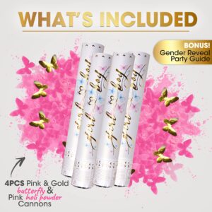 Gender Reveal Confetti Cannon 4 Pack (4 Pink) | Butterfly Confetti Popper and Powder Gender Reveal Smoke Bombs | Baby Gender Reveal Ideas, Party Celebration Firework Boy and Girl Color Sparkler Stick