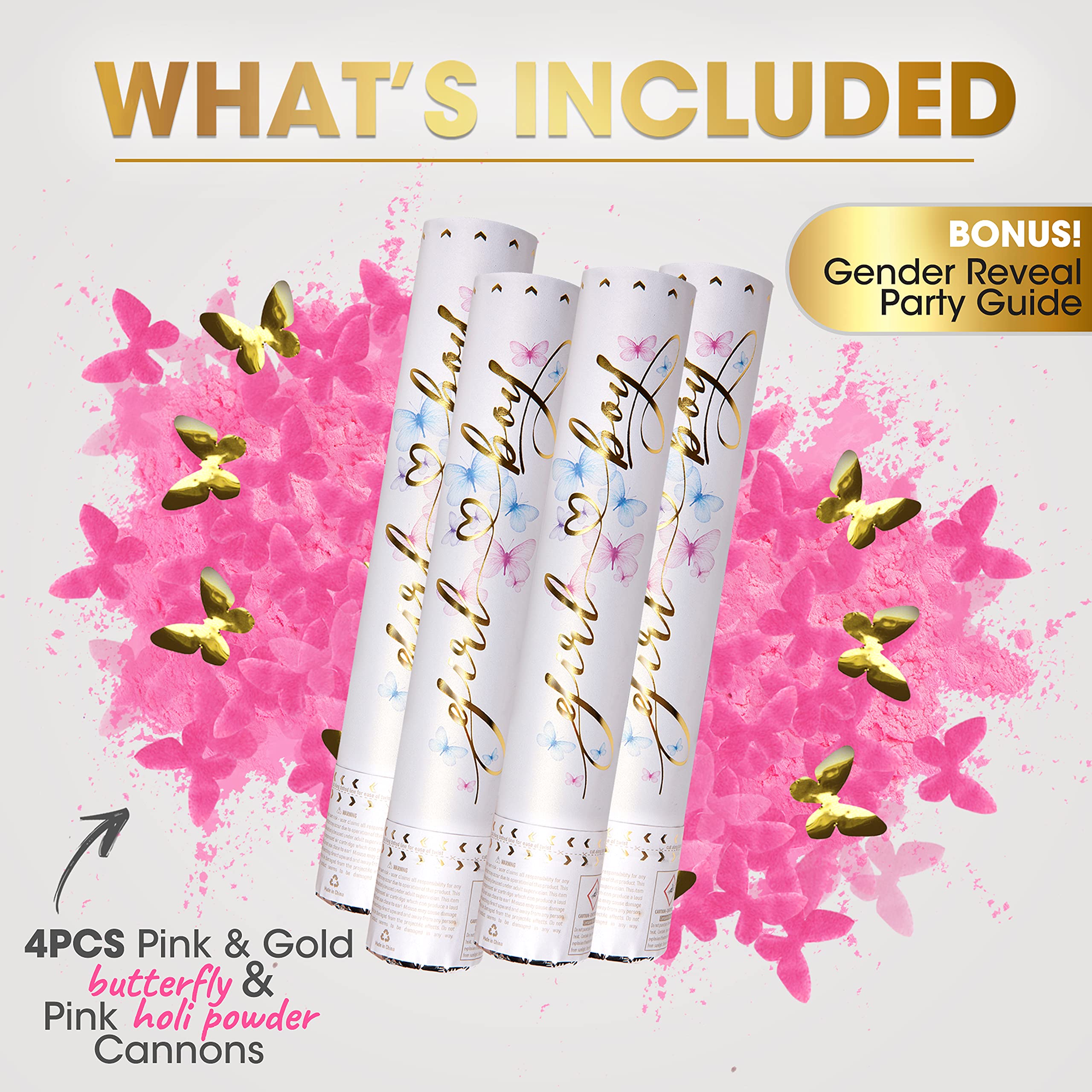 Gender Reveal Confetti Cannon 4 Pack (4 Pink) | Butterfly Confetti Popper and Powder Gender Reveal Smoke Bombs | Baby Gender Reveal Ideas, Party Celebration Firework Boy and Girl Color Sparkler Stick