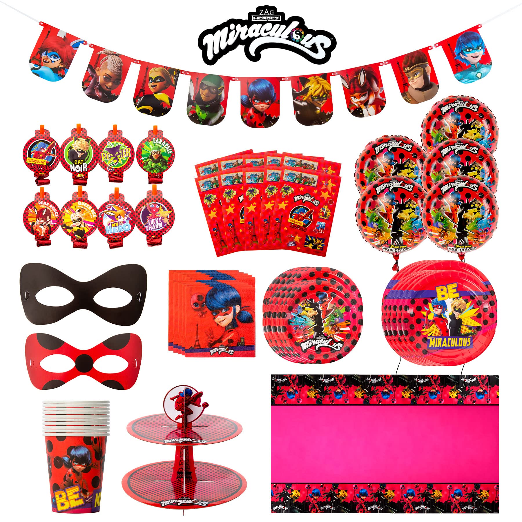 Miraculous Ladybug Party in a Box Kit - Celebration, Birthday Party, Toddlers– 100 Plus Pieces - Cat Noir - Party Supplies - Officially Licensed (Complete Kit)