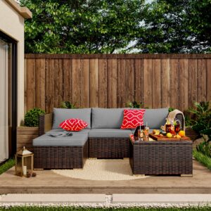 Qsun Outdoor Patio Sofa Set PE Wicker Rattan Sectional Conversation Sofa with a Glass Coffee Table for Backyard Porch Poolside Patio(Brown Rattan, Grey Cushion)