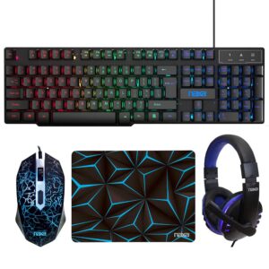 naxa electronics ng-5000a 4-in-one professional gaming combo with full-size led backlit keyboard, wired mouse, headphones, and mouse pad, blue