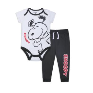 peanuts snoopy boys short sleeve bodysuit and pants set for newborn and infants