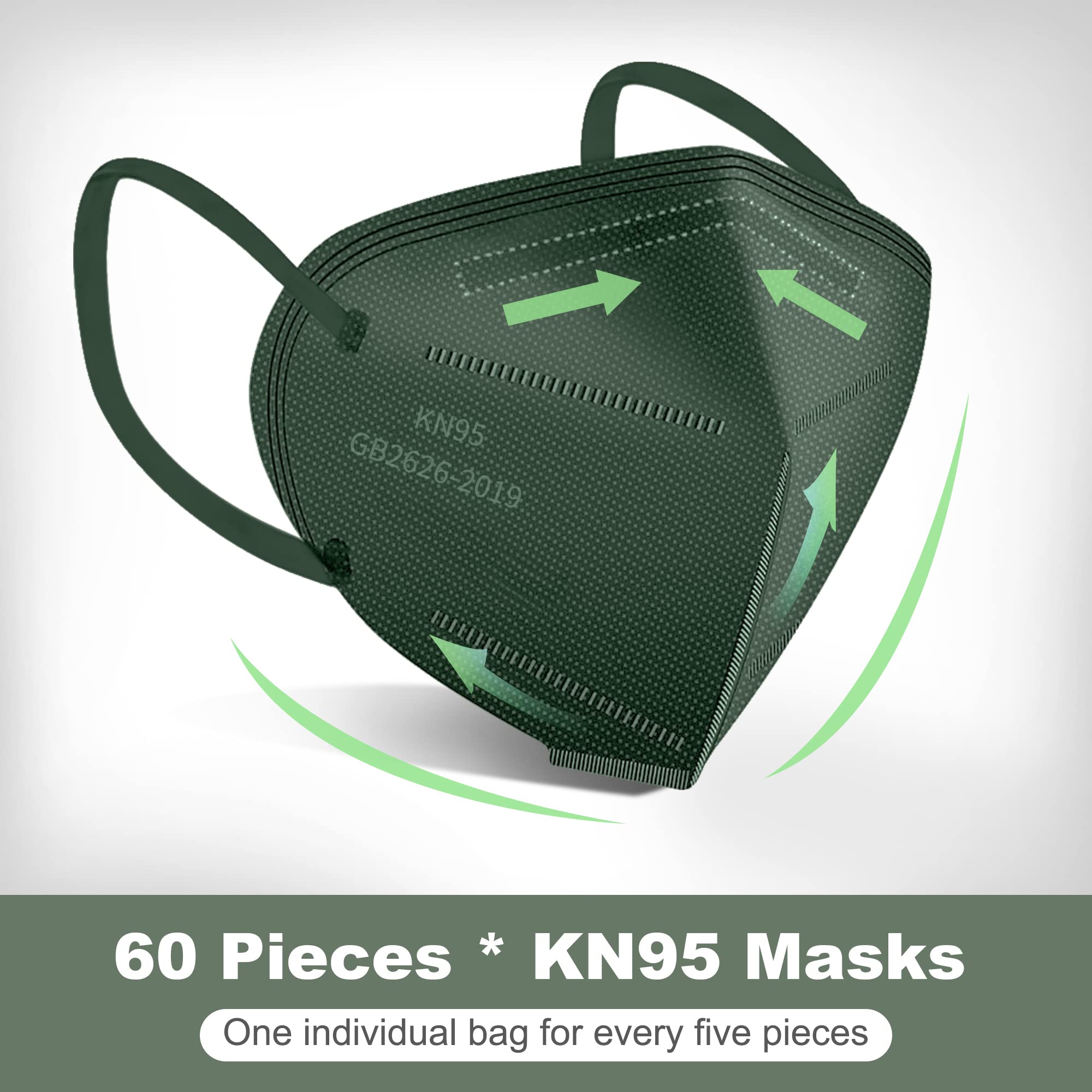 KN95 Breathable Disposable Face Mask - 60 PCS 5 Layer Design Cup Dust Safety Masks Protection, with Elastic Ear Loop and Nose Bridge Clip, Filter Efficiency≥95%