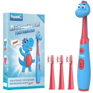 papablic kids sonic rechargeable electric toothbrush for age 3+ with 4 brush heads, cute dino cover, timer, and brushing chart (debby)