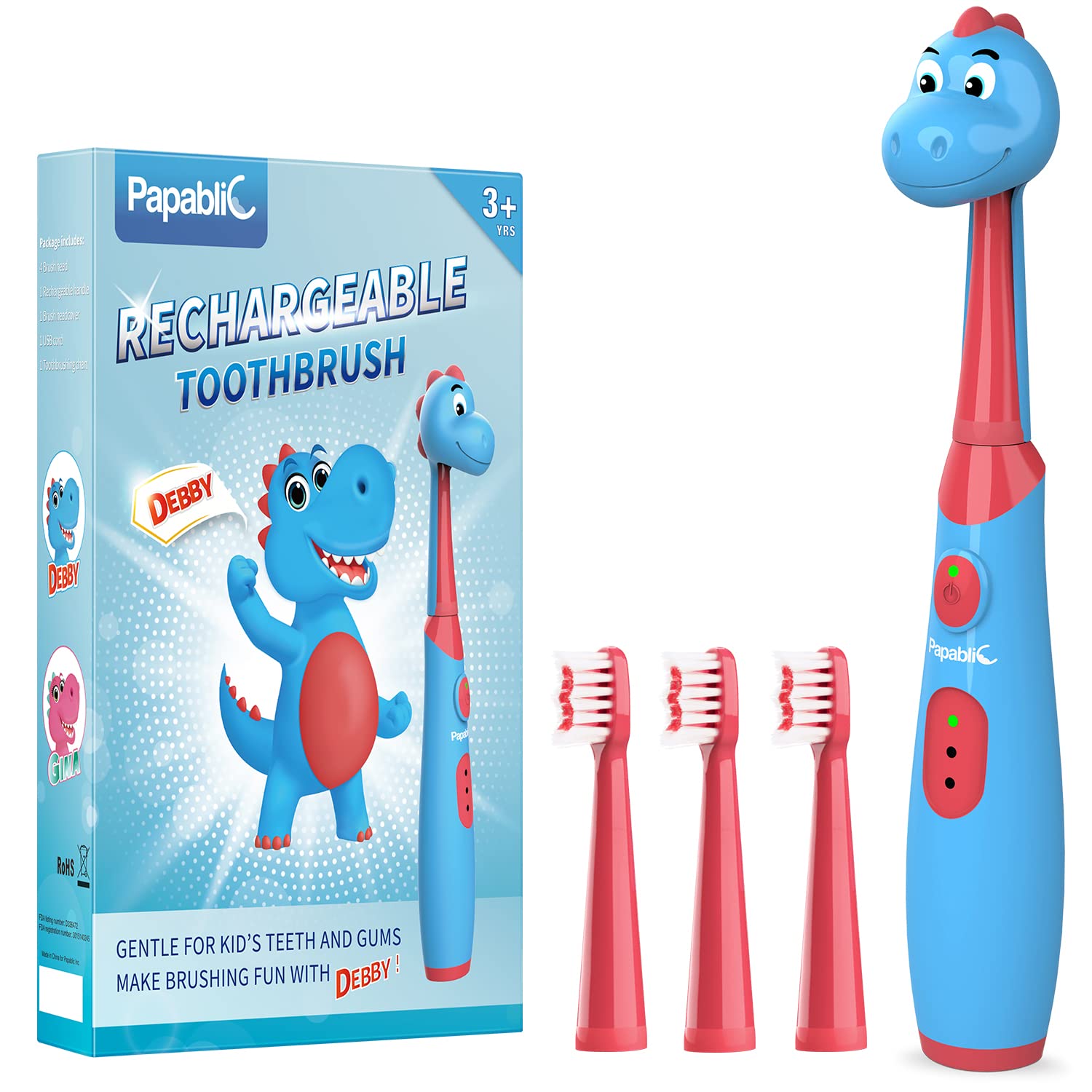 Papablic Kids Sonic Rechargeable Electric Toothbrush for Age 3+ with 4 Brush Heads, Cute Dino Cover, Timer, and Brushing Chart (Debby)