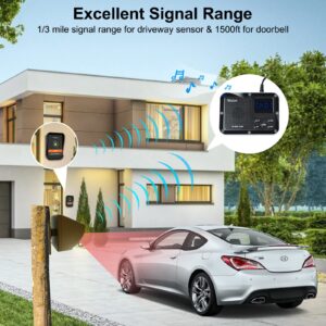 Solar Wireless Driveway Alarm with Extra Doorbell Part, Multifunctional Wireless Home Security System, Rechargeable Battery/Weatherproof/Mute Mode/Clock and Alarm (1 Receiver 2 Sensors 1 Doorbell)