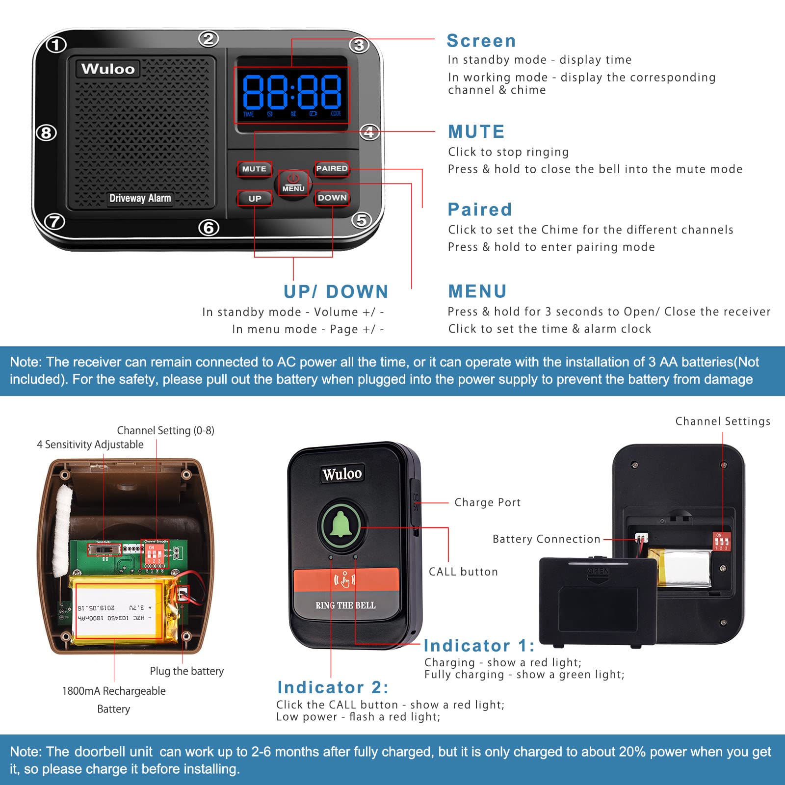 Solar Wireless Driveway Alarm with Extra Doorbell Part, Multifunctional Wireless Home Security System, Rechargeable Battery/Weatherproof/Mute Mode/Clock and Alarm (1 Receiver 2 Sensors 1 Doorbell)