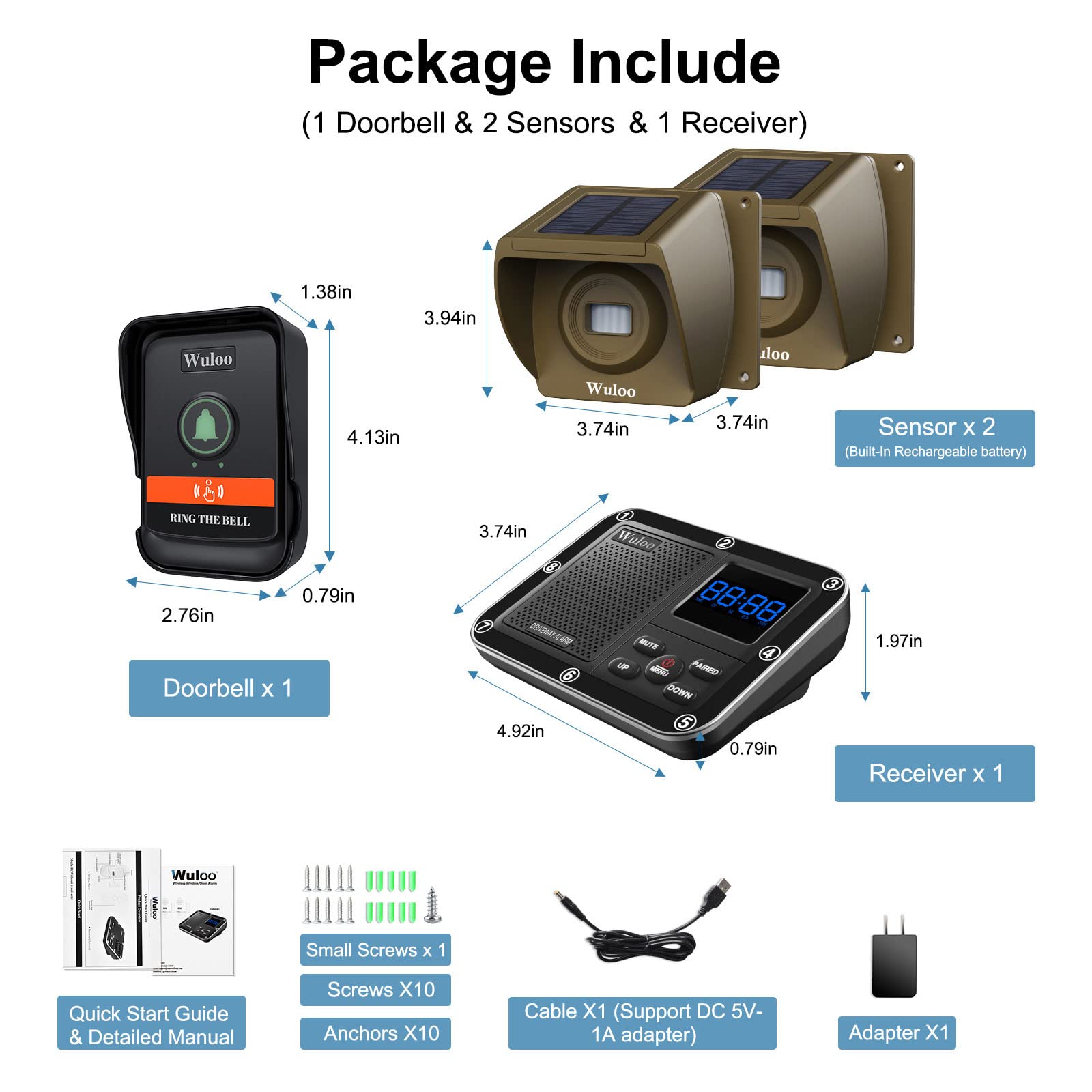 Solar Wireless Driveway Alarm with Extra Doorbell Part, Multifunctional Wireless Home Security System, Rechargeable Battery/Weatherproof/Mute Mode/Clock and Alarm (1 Receiver 2 Sensors 1 Doorbell)