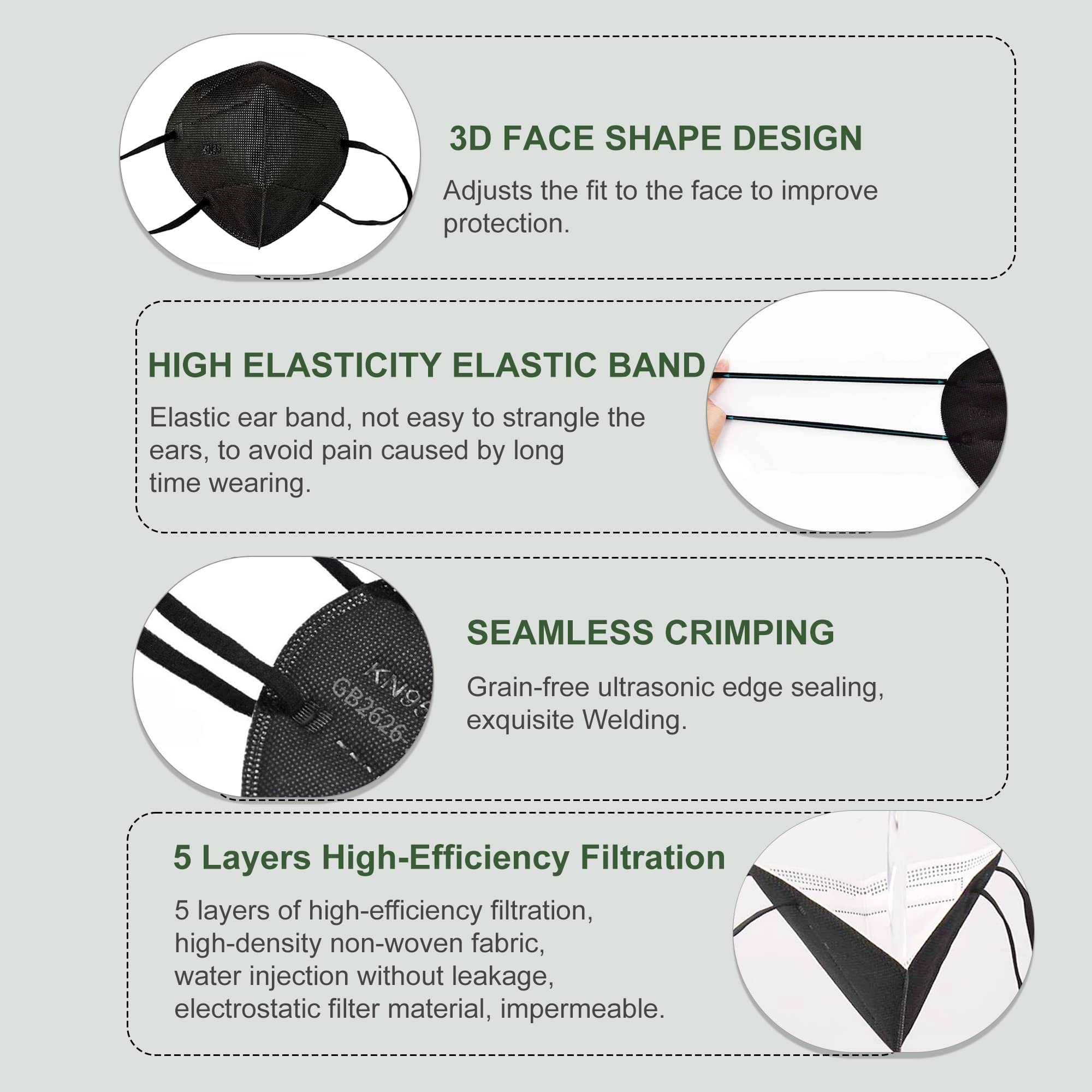 KN95 Breathable Disposable Face Mask - 60 PCS 5 Layer Design Cup Dust Safety Masks Protection, with Elastic Ear Loop and Nose Bridge Clip, Filter Efficiency≥95%