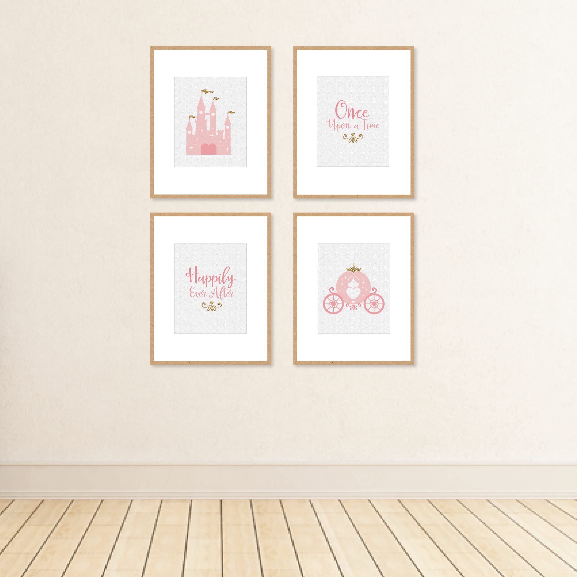 Big Dot of Happiness Little Princess Crown - Unframed Pink and Gold Castle Nursery and Kids Room Linen Paper Wall Art - Set of 4 - Artisms - 8 x 10 inches