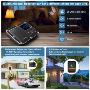 Solar Wireless Driveway Alarm with Extra Doorbell Part, Multifunctional Wireless Home Security System, Rechargeable Battery/Weatherproof/Mute Mode/Clock and Alarm (1 Receiver 2 Sensors 1 Doorbell)