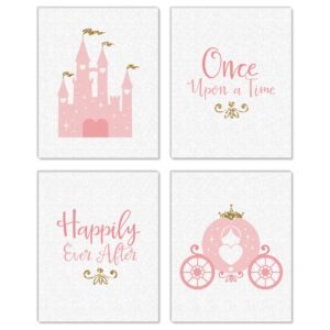 big dot of happiness little princess crown - unframed pink and gold castle nursery and kids room linen paper wall art - set of 4 - artisms - 8 x 10 inches