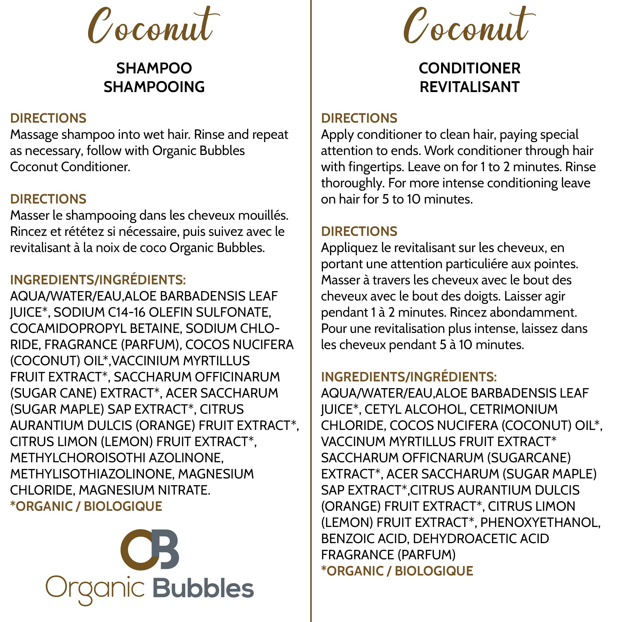 Organic Bubbles Coconut – Vegan and Made in Canada (Shampoo and Conditioner)