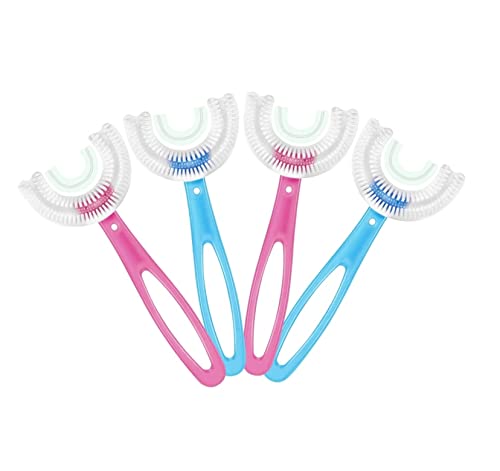 4 Piece Rounded U-Shaped Toothbrush for Kids- Soft and Gentle Silicone Material-Great and Gentle for Children's Teeth- Manual Brush- Teeth Cleaning Product- Easy to use, Pink and Blue