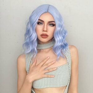 Stamped Glorious Short Curly Wig for Women Bob Wig Synthetic Shoulder Length Wavy Wigs for Daily Party Cosplay Use (Blue,14 inch)