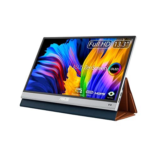 ASUS ZenScreen OLED 13.3” 1080P Portable USB Monitor (MQ13AH) - Full HD, 100% DCI-P3, 1ms, Delta E < 2, HDR-10, Eye Care, USB Type-C, Mini HDMI, Tripod Mountable, Smar Case, External Screen for Laptop