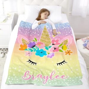 YESCUSTOM PersonalizedThrow Blanket for Girls, Custom Text with Rainbow Unicorn Pattern Blanket with Name for Bedroom, Minky Fleece Blanket with Name, Cute Blanket for Boys Girls Baby Child