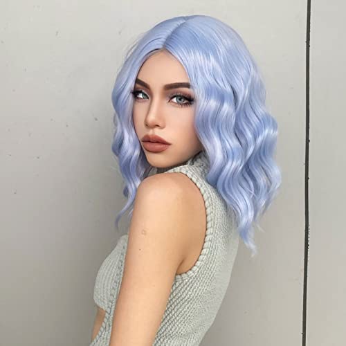 Stamped Glorious Short Curly Wig for Women Bob Wig Synthetic Shoulder Length Wavy Wigs for Daily Party Cosplay Use (Blue,14 inch)