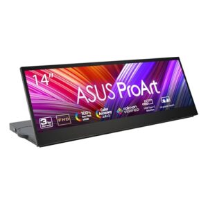 asus proart display 14” portable touch screen (pa147cdv) - 32:9 (1920 x 550), ips, 100% srgb, color accuracy Δe < 2, calman verified, usb-c, control panel, mpp2.0 pen support, adobe suite shortcut